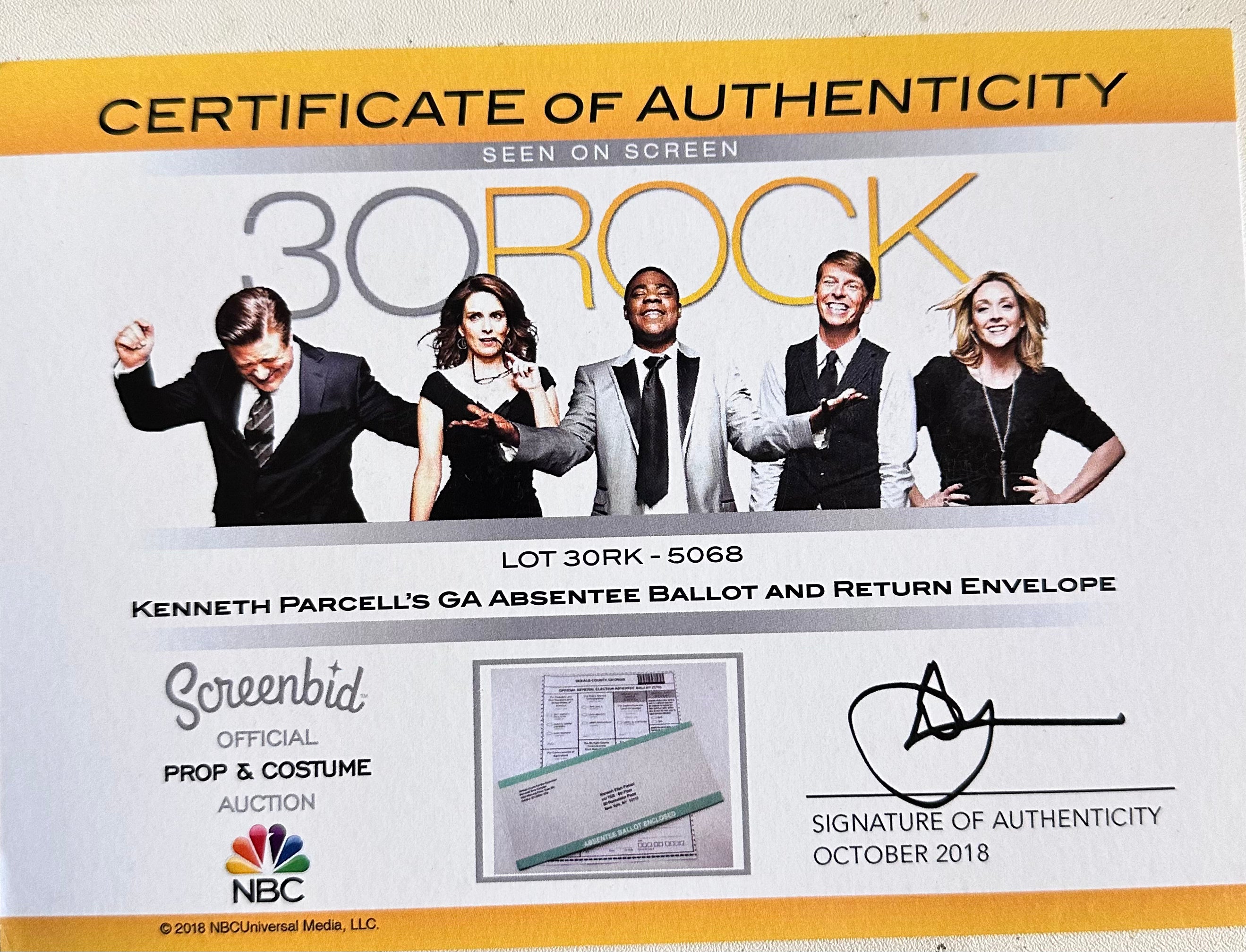 30 Rock: Kenneth & Ellen Parcell's GA Absentee Ballot and Return Envel ...